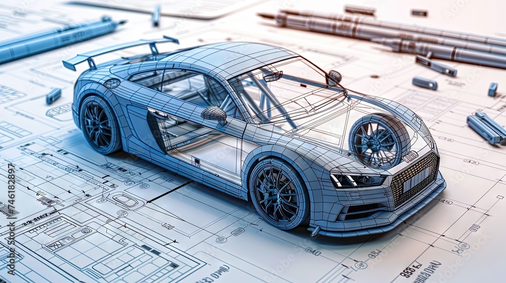 Automobile 3D model on top of engineering schematics - automotive ...
