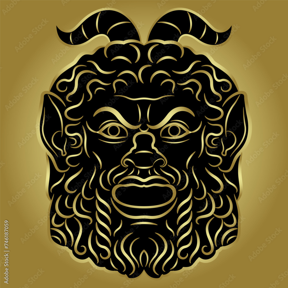 Ancient Roman mask of satyr or god Pan. Face of a bearded horned man ...