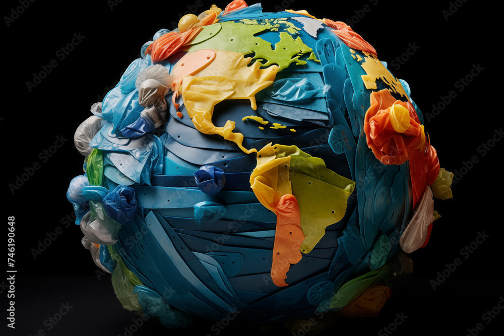 Globe made of plastic waste. Earth day poster, ocean plastics pollution ...