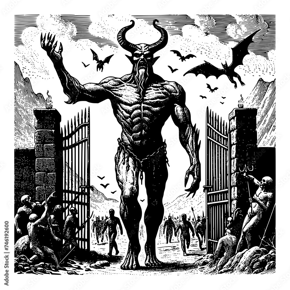 guardian of hell guard in front of gate hell with terrifying scene with ...