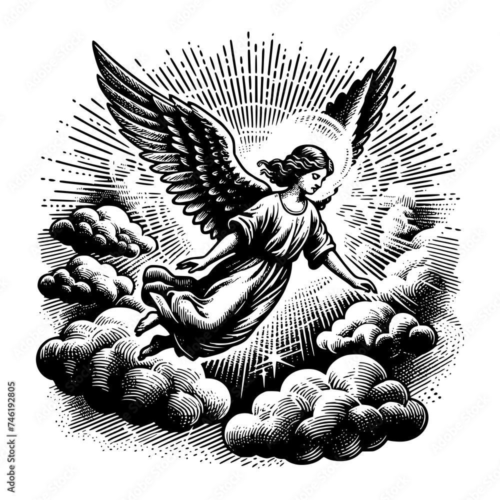 angel flying floating in cloud sky and light star hand drawn art style ...