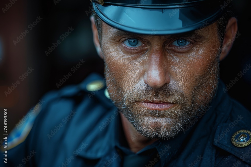 the arresting stare of a figure in police uniform, his visage eerily ...