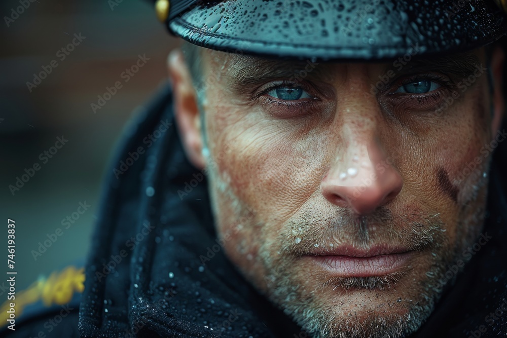 the arresting stare of a figure in police uniform, his visage eerily ...