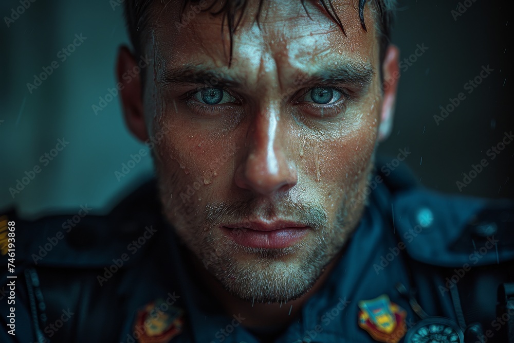 the arresting stare of a figure in police uniform, his visage eerily ...