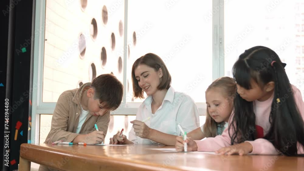 Panorama shot of happy diverse student and smart teacher drawing and ...