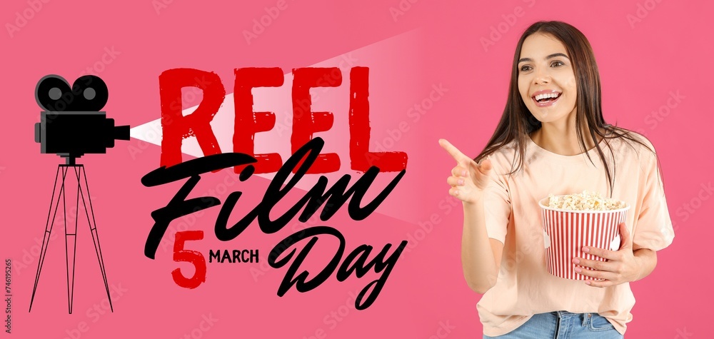 Banner for Reel Film Day with young woman with popcorn Stock Photo ...