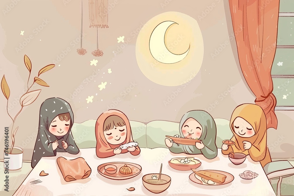 Cartoon cute doodles of characters waking up for suhoor before dawn and ...