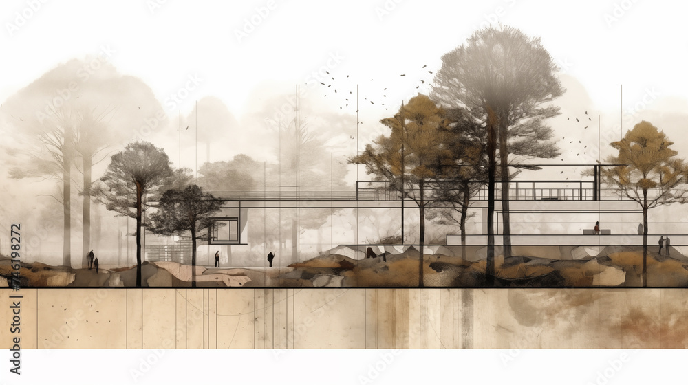 Theoretical linework landscape architecture diagram, minimalist ...
