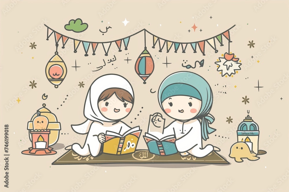 Cartoon cute doodles of characters reading and studying the Quran ...