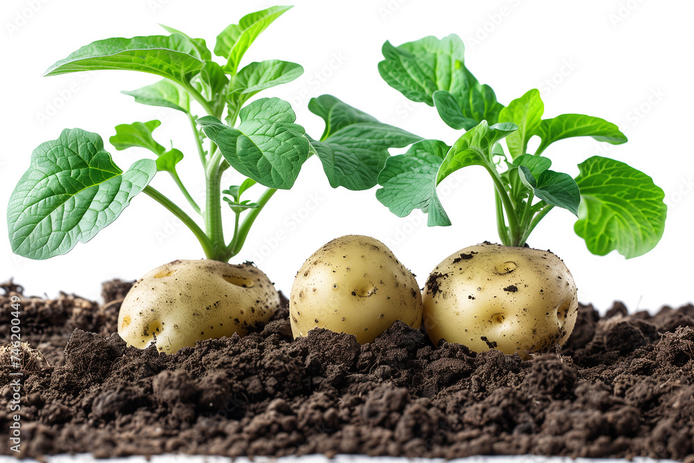 Potato plant seedlings with leaves sprouting from potato tuber on white ...