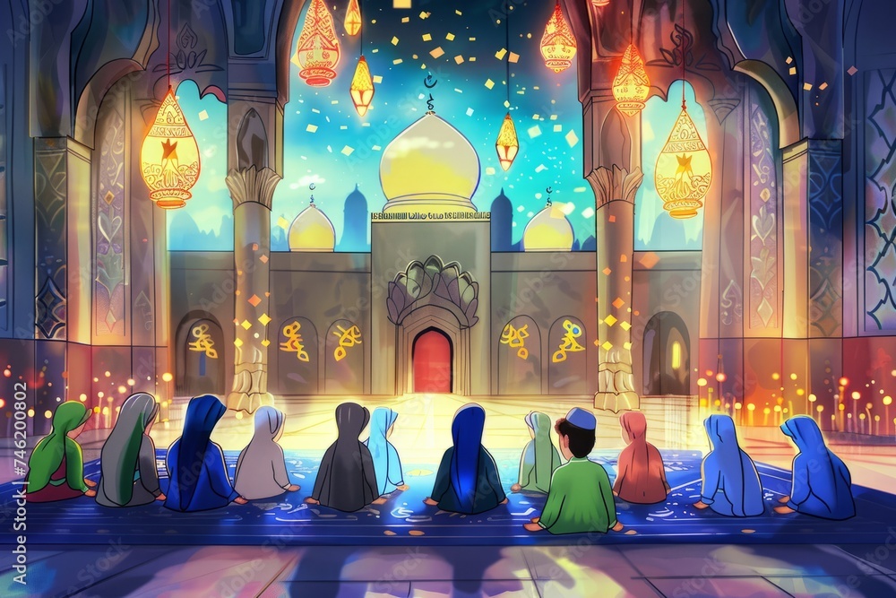 Cartoon cute doodles of characters performing Taraweeh prayers together ...