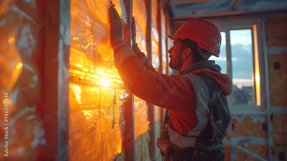 house wall insulation. construction worker installing glass wool into ...