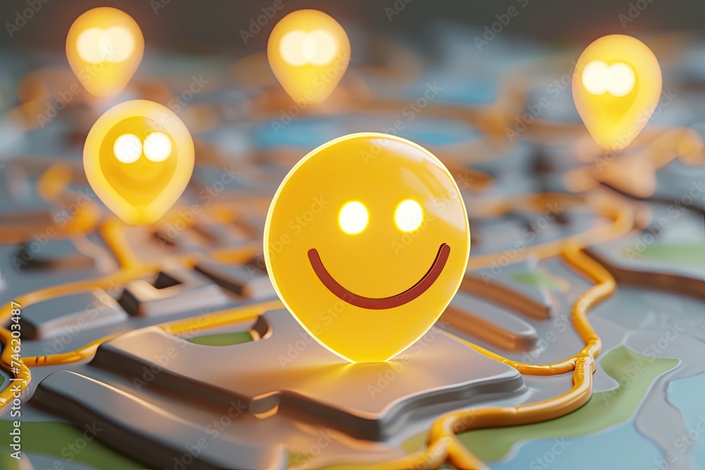 glowing smile face emoji placed centrally on a stylized digital map ...