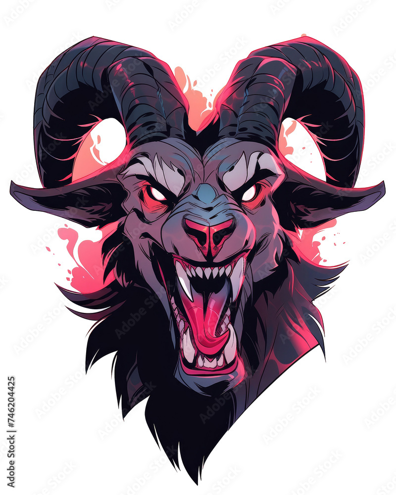 T-shirt design, angry horned goat monster face character isolated on ...