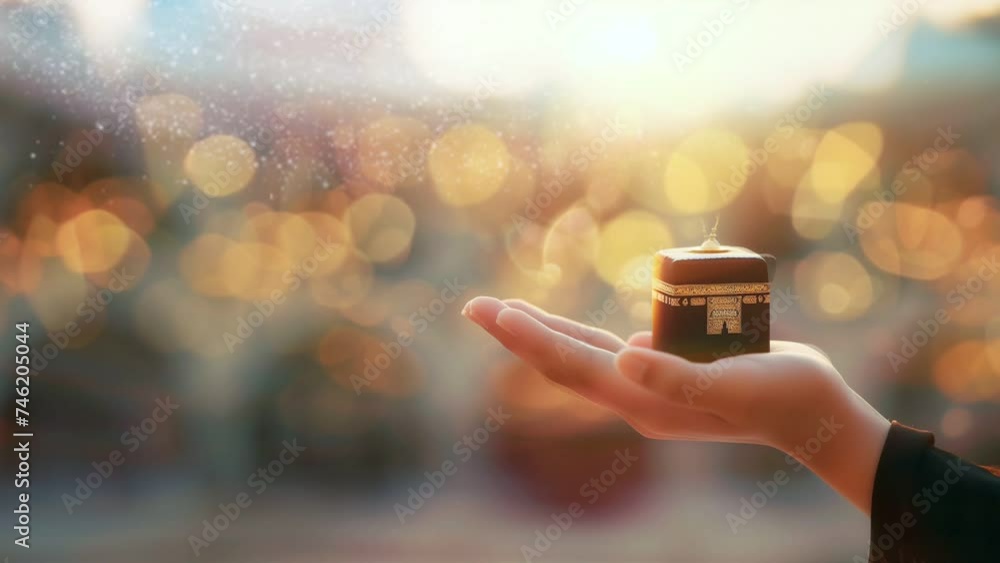 muslim hand holding miniature kaaba with animation bokeh light ...