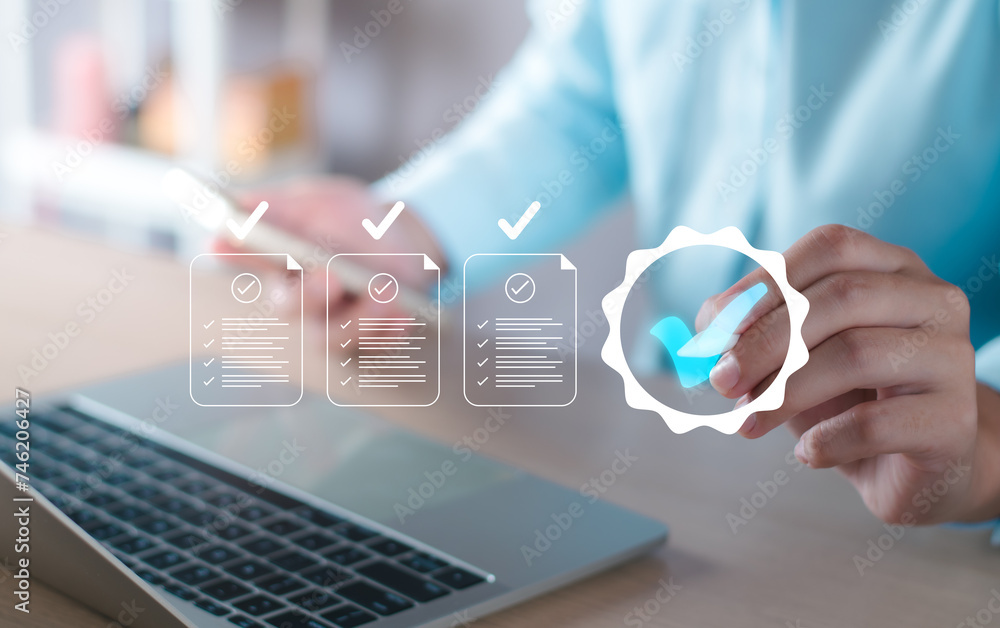 Quality control certificate concept. Businessman show high quality ...