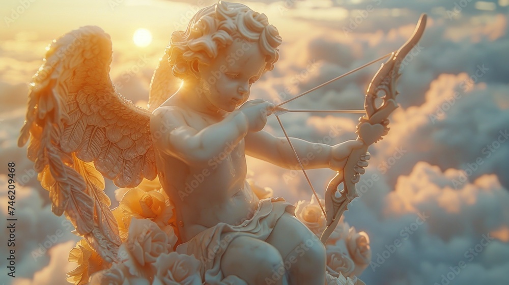 A statue of Cupid, the Roman god of love, depicted holding a bow and ...