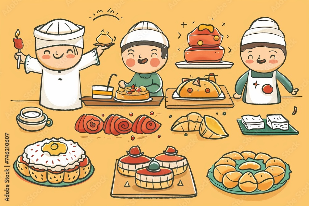 Cartoon cute doodles of characters preparing traditional Eid desserts ...