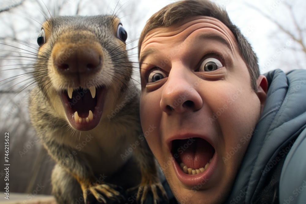 Humorous Scared man selfie with park squirrel. Wow photo. Fictional ...