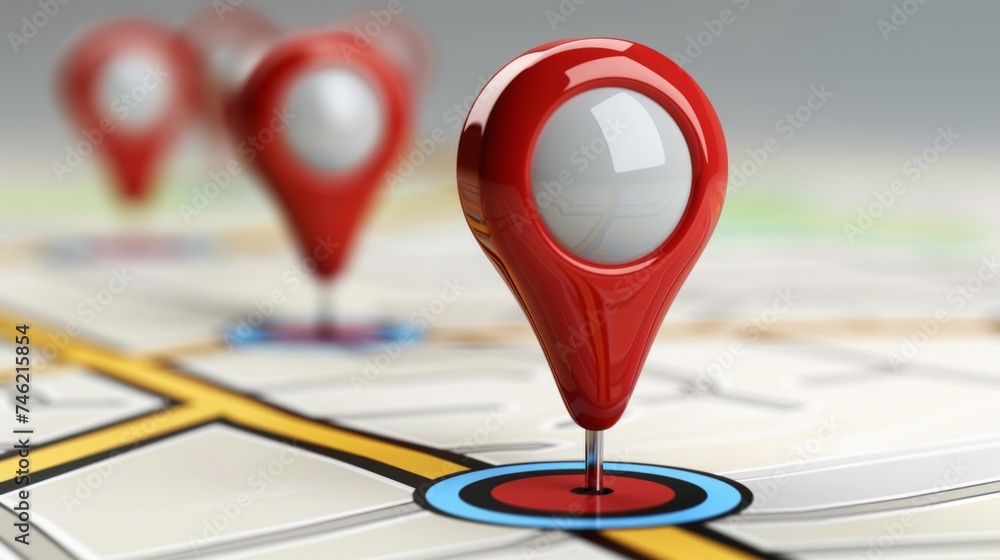 Close-up of a glossy red location pin marked precisely on a stylized ...