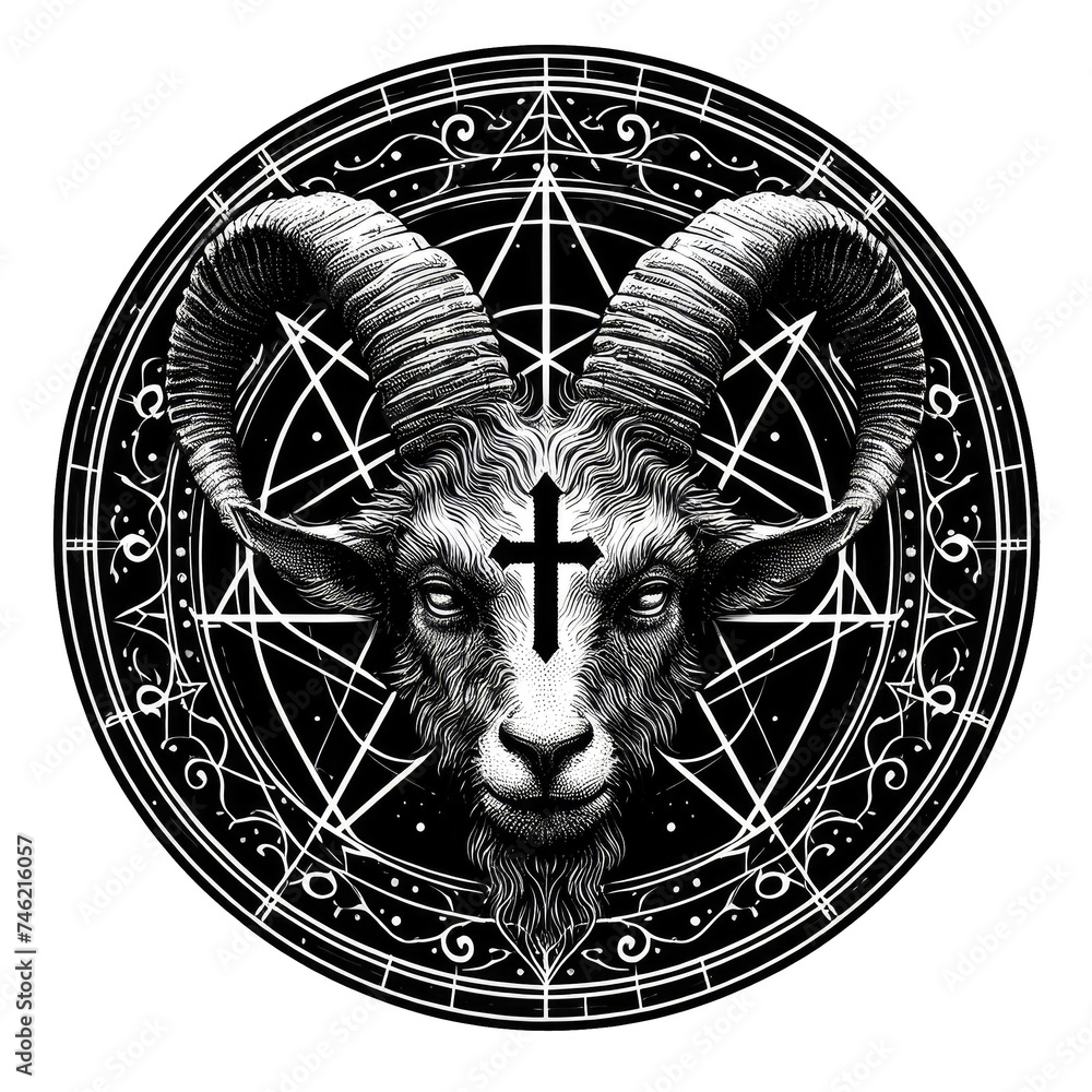 baphomet with horns and cross symbol black and white tattoo design ...
