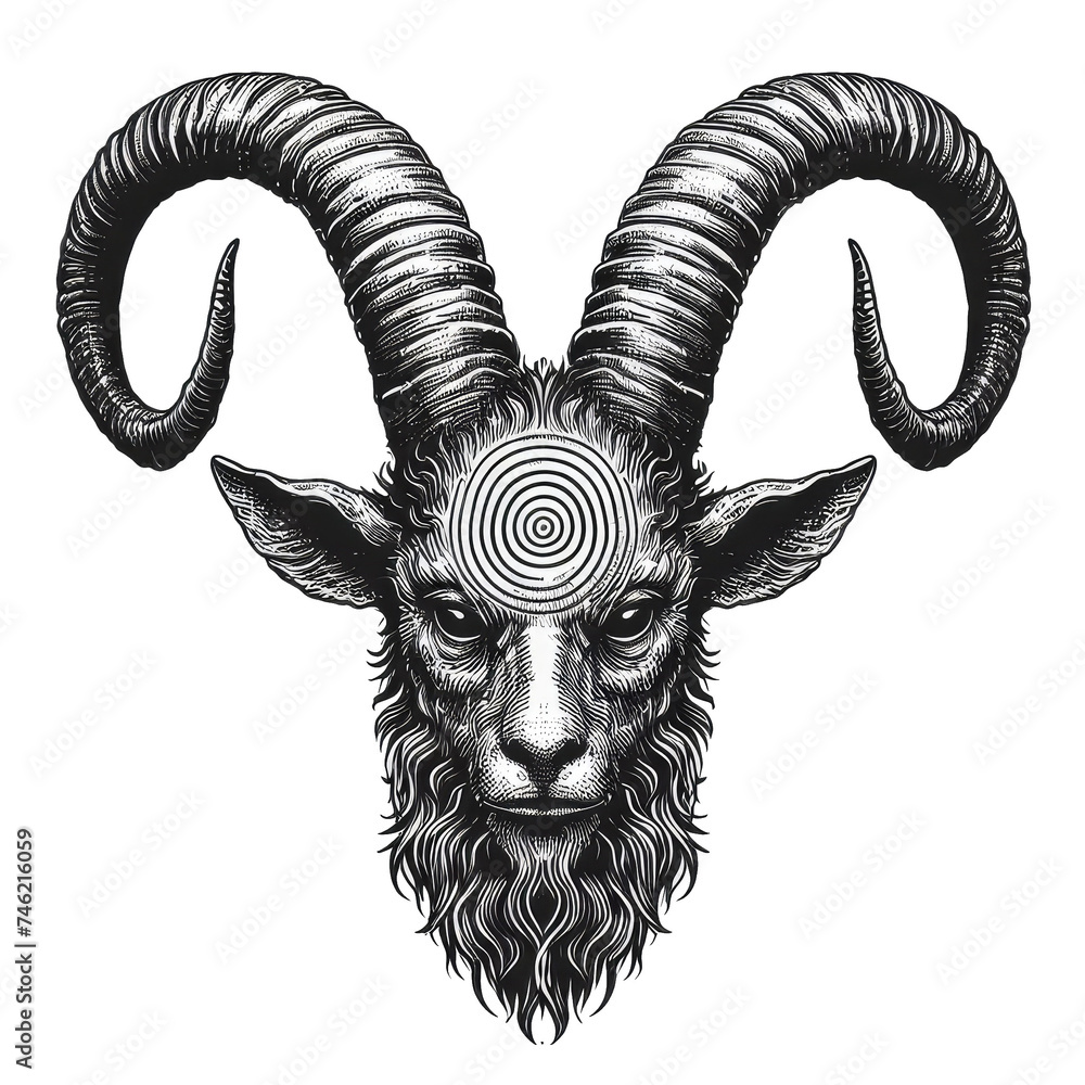 baphomet with horns and spiral symbol black and white tattoo design ...