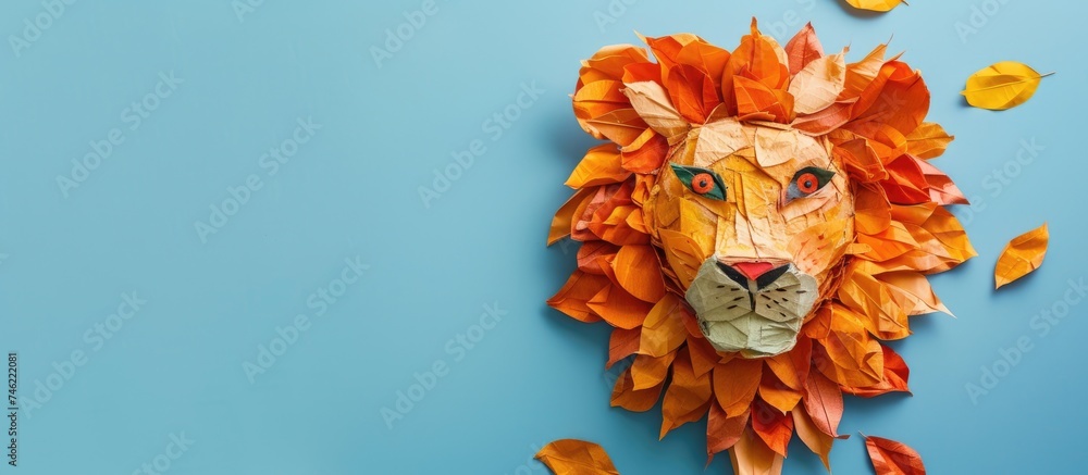 A paper lion head, intricately crafted by children, is displayed ...