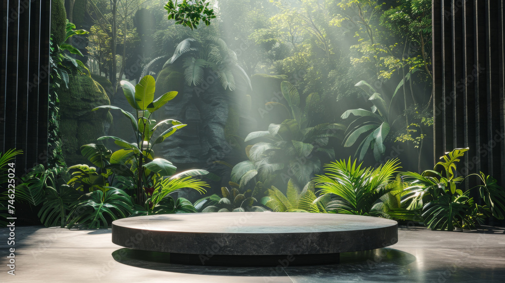Lush tropical rainforest setting with a stone circular podium, perfect ...