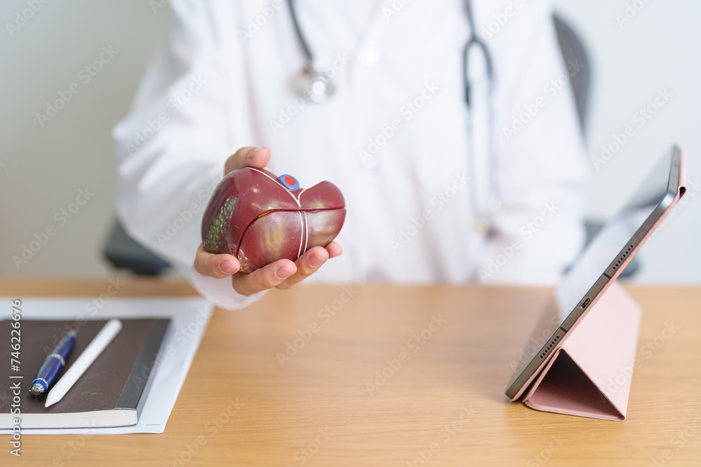 Doctor with human Liver model and tablet. Liver cancer and Tumor ...
