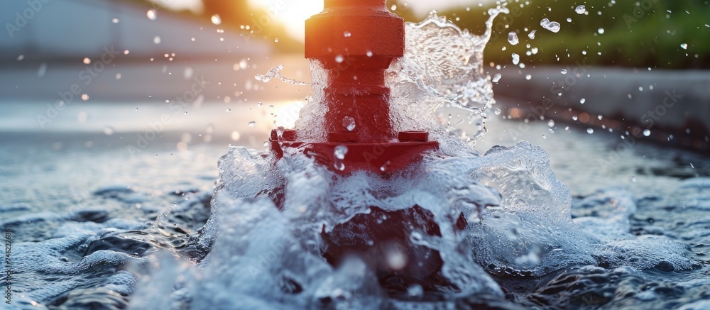 A red fire hydrant forcefully spewing water into the air during safety ...