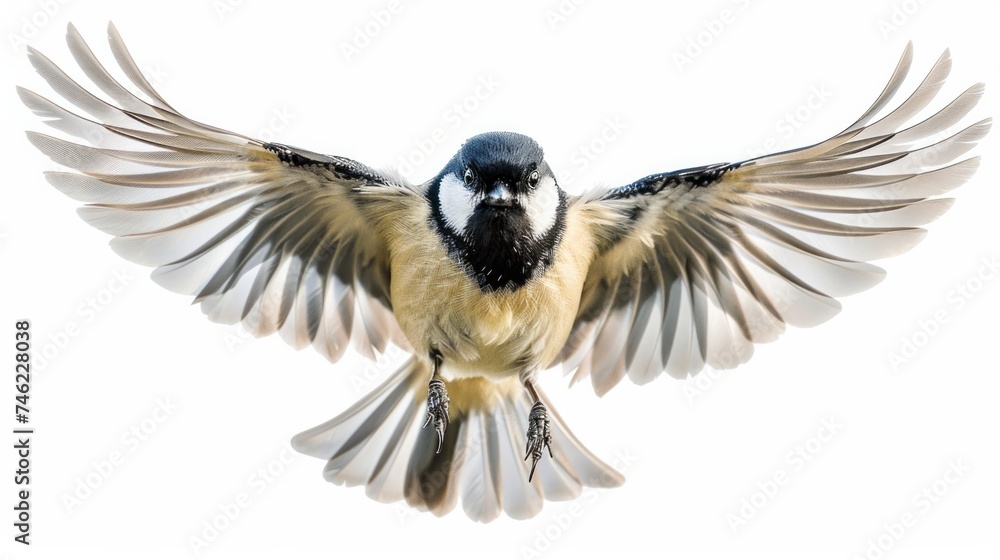 Portrait of a little bird tit in flight, wings spread wide and feathers ...