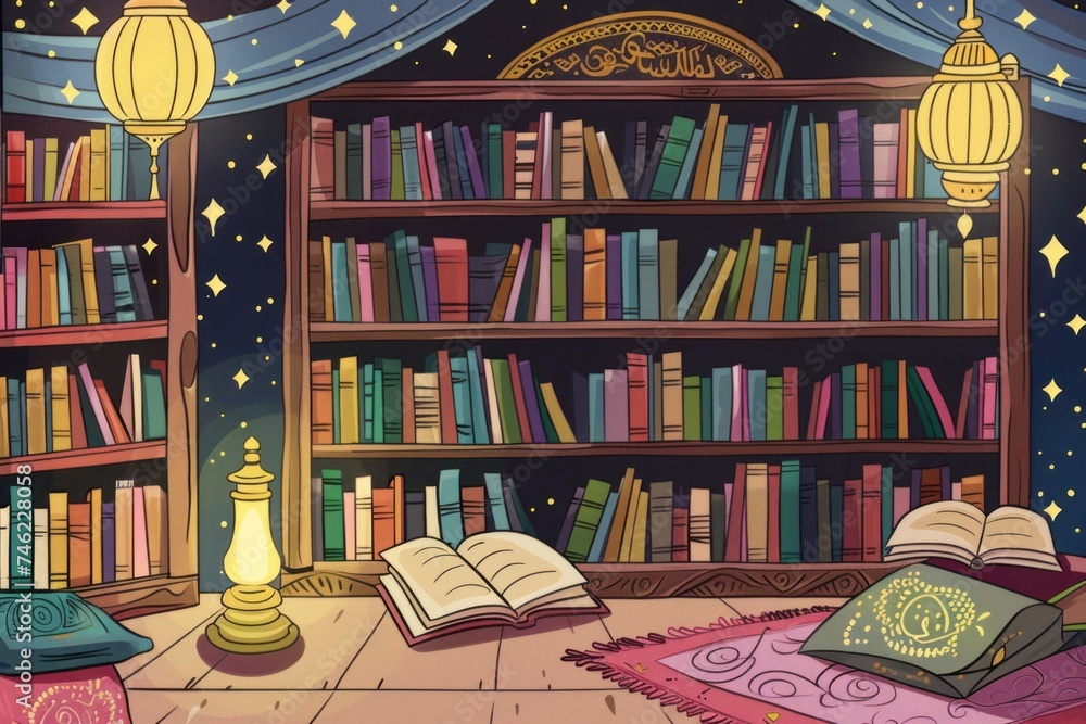 Cartoon cute doodles of a quiet Ramadan library with shelves of books ...
