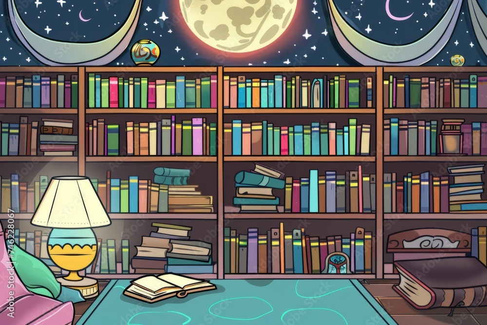 Cartoon cute doodles of a quiet Ramadan library with shelves of books ...