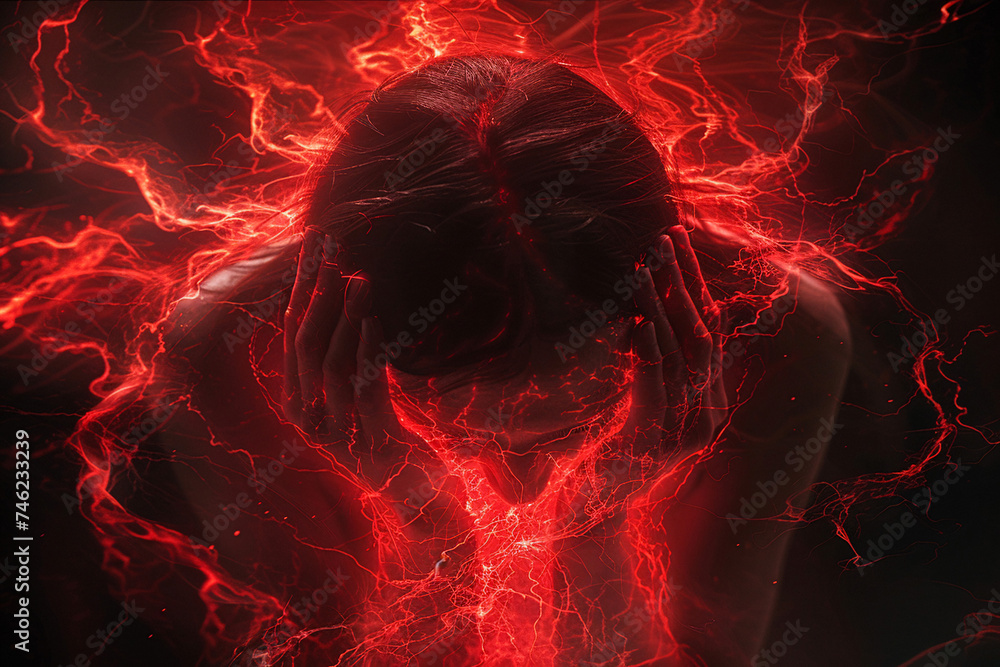 migraine, headache, person with pain in his head, body with pain in the ...