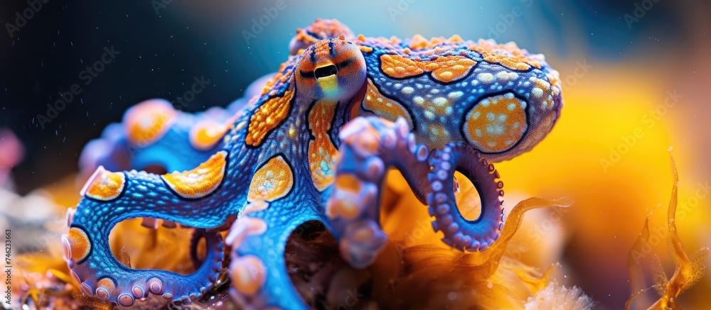 A detailed view of a blue and yellow octopus, specifically the ...