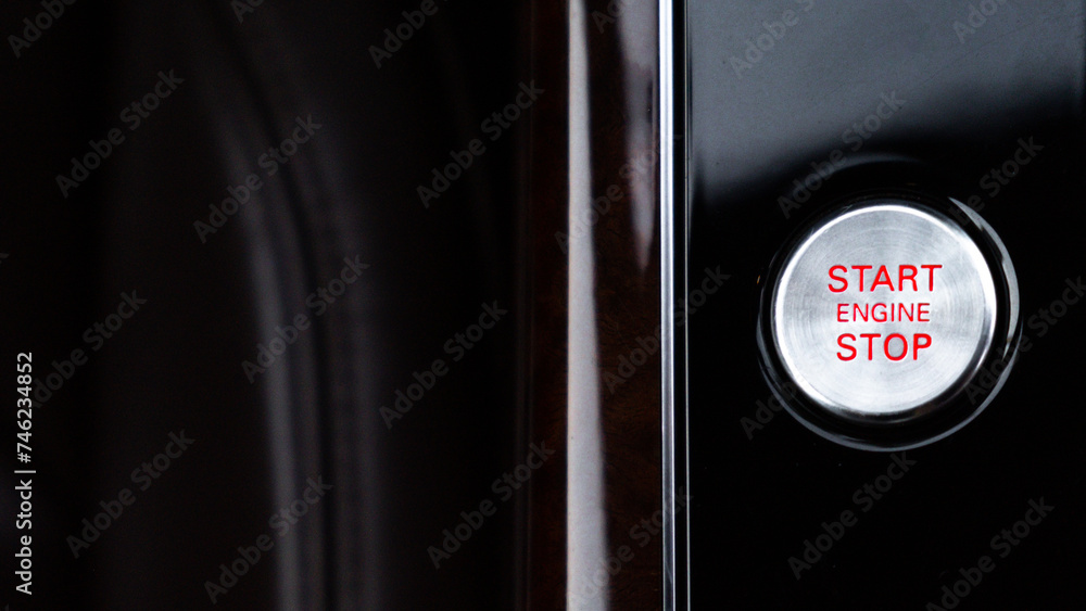 Start engine stop button Interior of modern luxury car. Details of ...