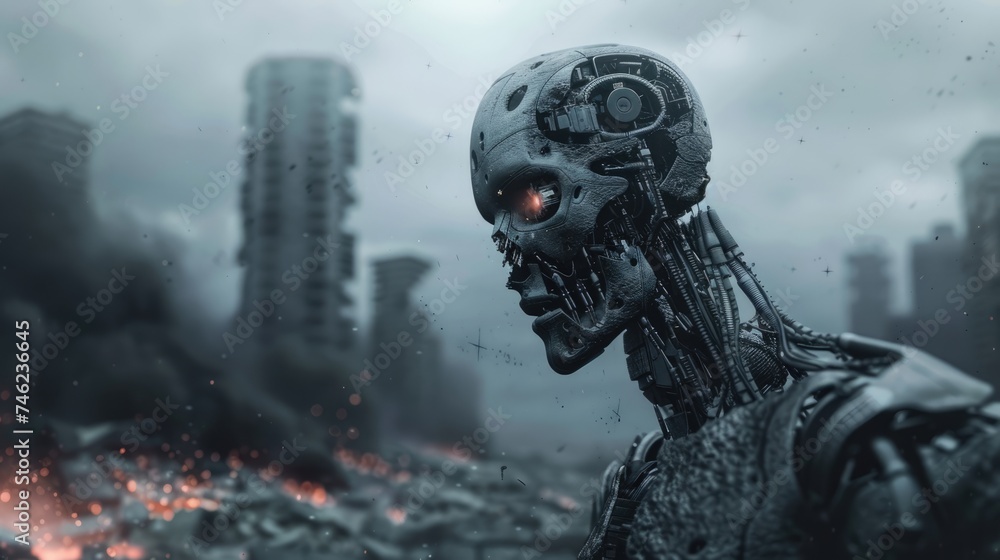 World war destruction concept. Artificial intelligence robot in destroyed city. Fire and ...