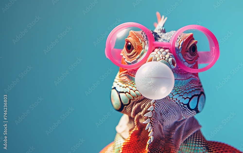 Iguana reptile blowing bubble gum wearing goggles fashion portrait on ...