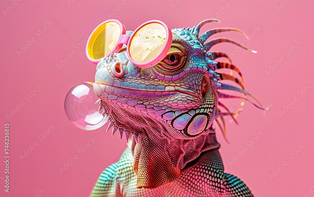 Iguana reptile blowing bubble gum wearing goggles fashion portrait on ...