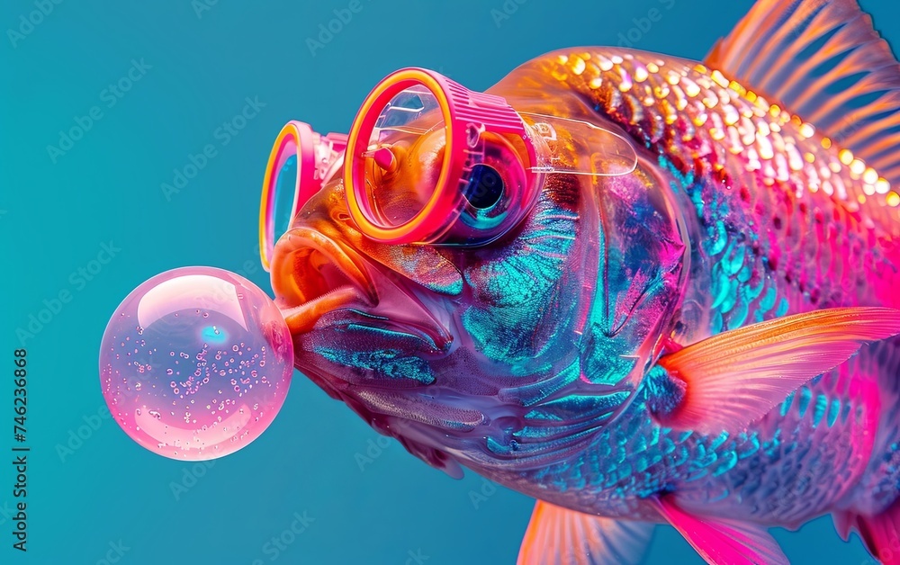 Fish blowing bubble gum wearing goggles fashion portrait on solid ...