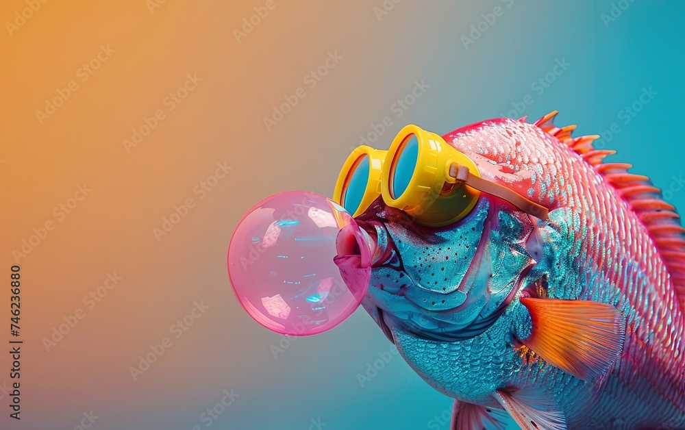 Fish blowing bubble gum wearing goggles fashion portrait on solid ...