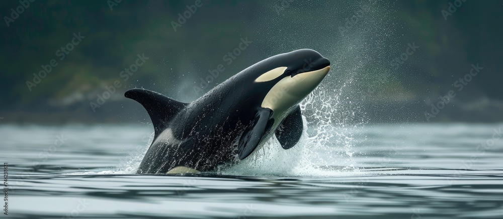 A transient orca breaching from a side view while hunting a sea lion ...