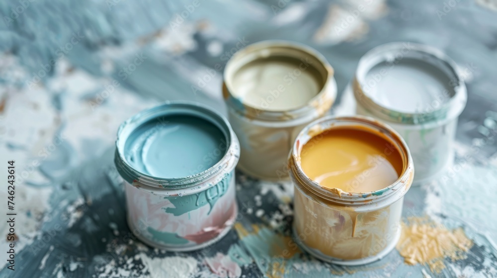 Sample paint cans during house renovation, process of choosing paint ...