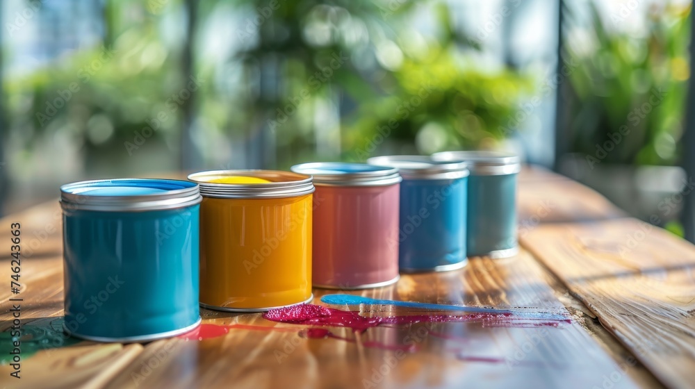 Sample paint cans during house renovation, process of choosing paint ...