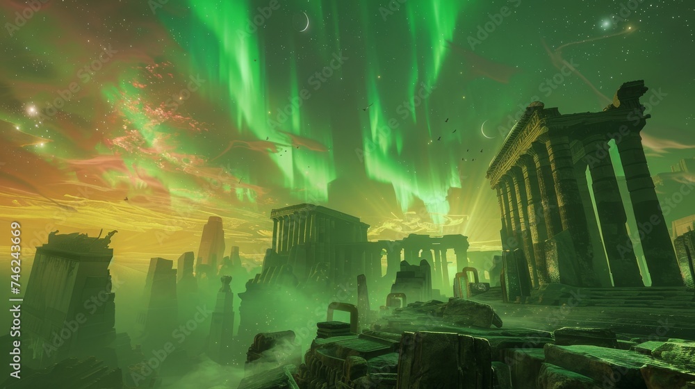 The mystical Aurora Borealis casts its ethereal glow over a landscape ...