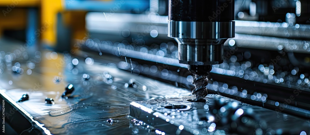 A detailed view of a CNC milling machine in action, precision cutting ...