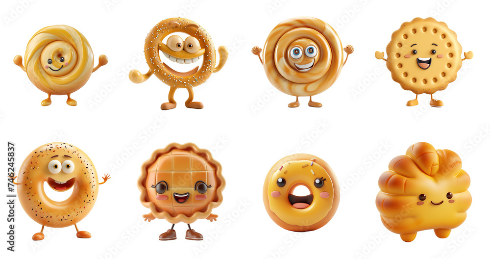 Assorted cute cartoon bakery food characters with happy faces, isolated ...