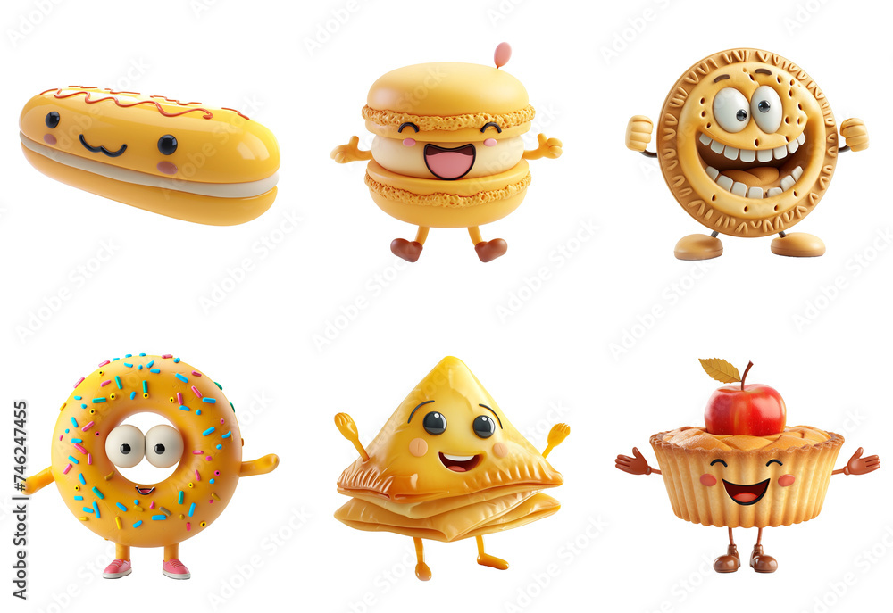 Collection of cartoon-style anthropomorphic fast food and sweet treat ...