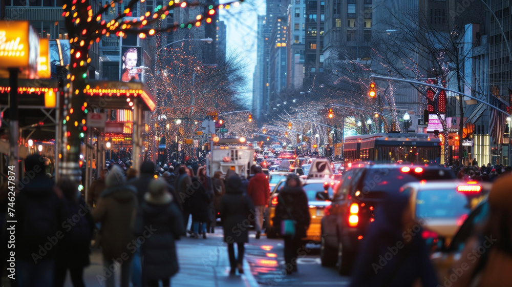 Background A bustling city street during the holiday season with ling ...