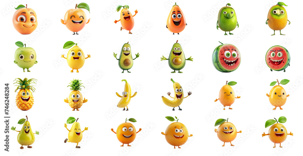Various cute cartoon fruit characters with expressive faces, isolated ...